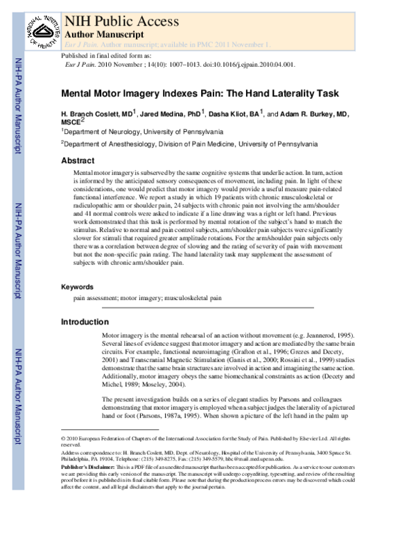 (PDF) Mental motor imagery indexes pain: The hand laterality task