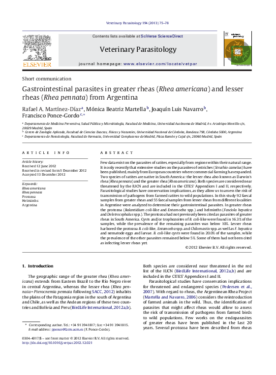 (PDF) Gastrointestinal parasites in greater rheas (Rhea americana) and ...