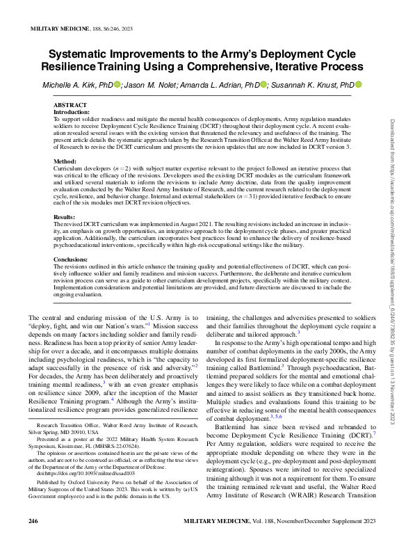 (PDF) Systematic Improvements to the Army’s Deployment Cycle Resilience ...