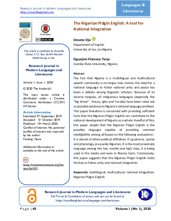(PDF) The Nigerian Pidgin English: A Tool for National Integration