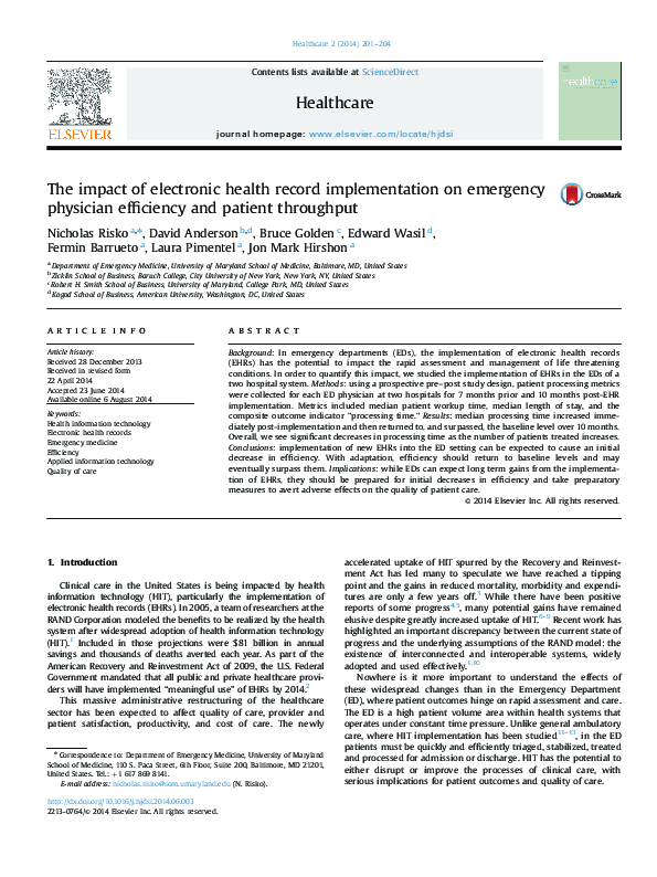 (PDF) The impact of electronic health record implementation on emergency physician efficiency ...