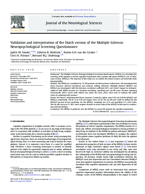 (PDF) Validation and interpretation of the Dutch version of the Multiple Sclerosis ...