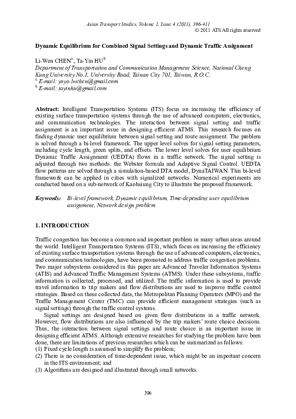 (PDF) Dynamic Equilibrium for Combined Signal Settings and Dynamic Traffic Assignment | Ta-Yin ...