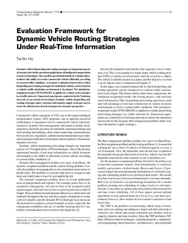 Pdf Evaluation Framework For Dynamic Vehicle Routing Strategies Under