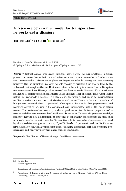 (PDF) A resilience optimization model for transportation networks under disasters
