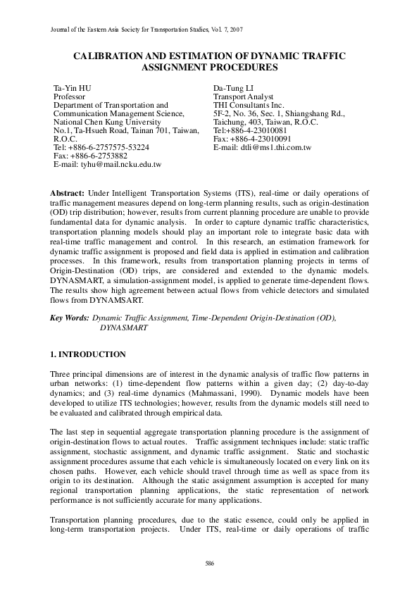 (PDF) Calibration and Estimation of Dynamic Traffic Assignment Procedures