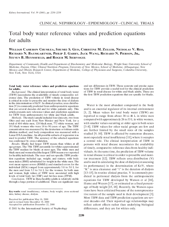 (PDF) Total body water reference values and prediction equations for adults
