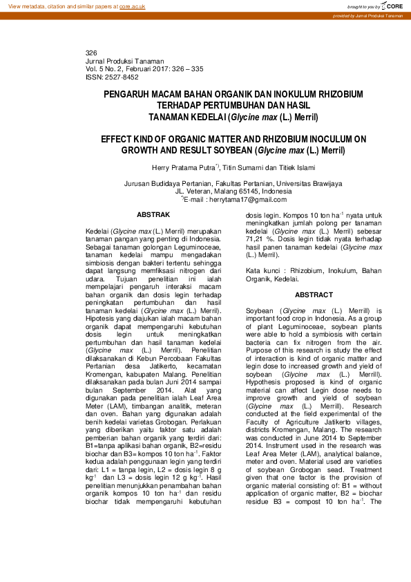 (PDF) PENGARUH MACAM BAHAN ORGANIK DAN INOKULUM RHIZOBIUM TERHADAP PERTUMBUHAN DAN HASIL TANAMAN ...