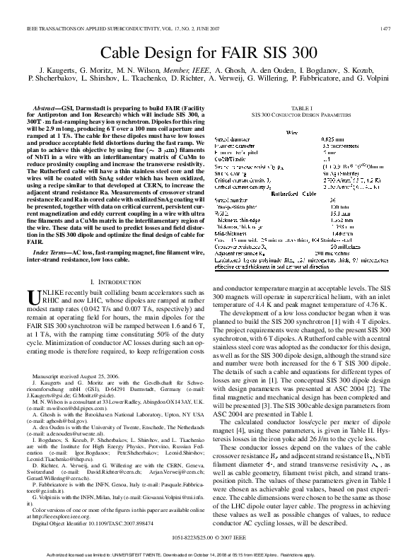 (PDF) Cable Design for FAIR SIS 300