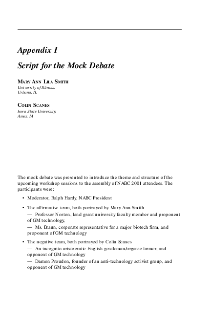 (PDF) Appendix I: Script for the mock debate