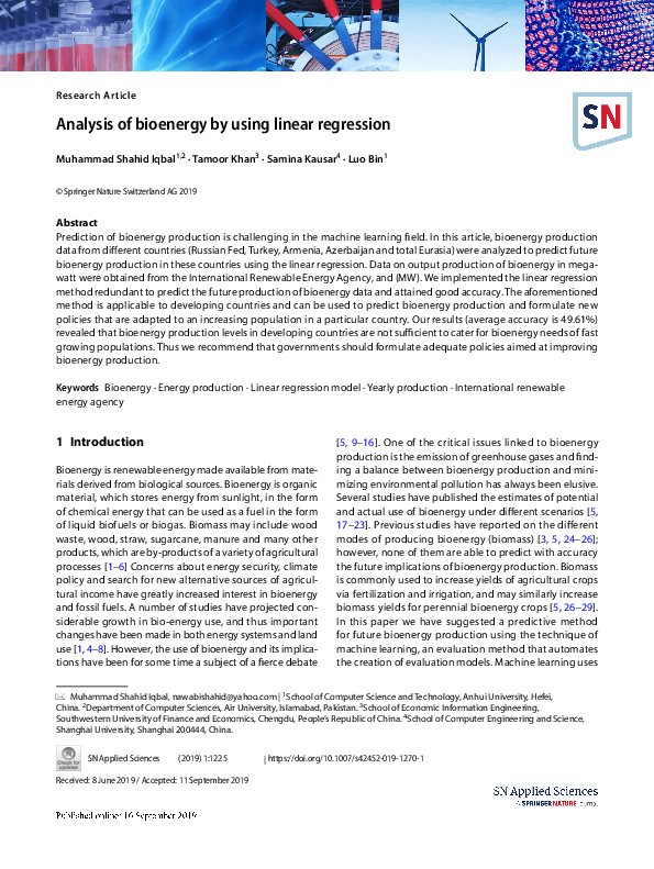 (PDF) Analysis of bioenergy by using linear regression