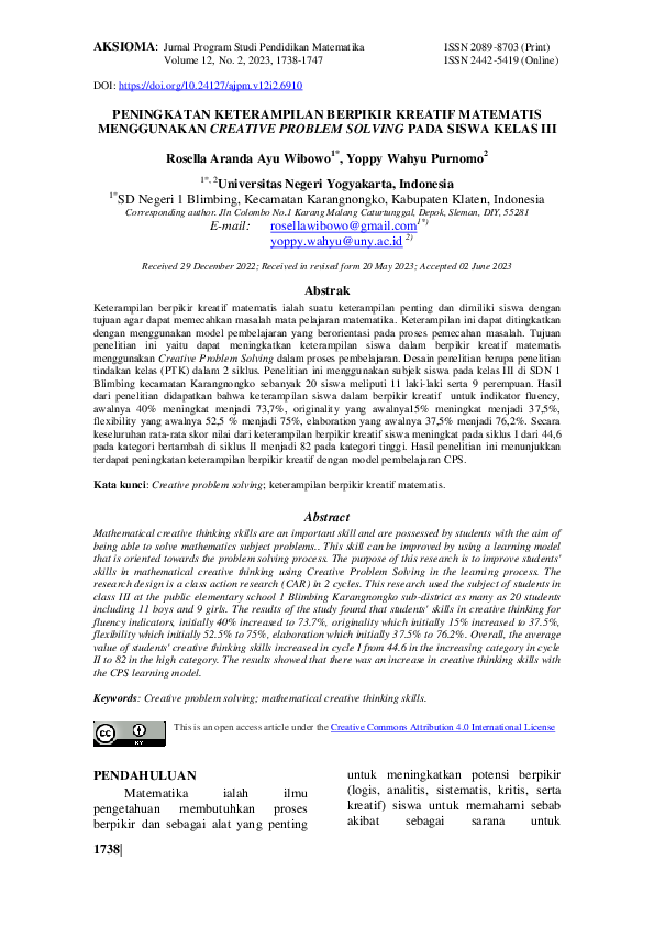 (PDF) Peningkatan Keterampilan Berpikir Kreatif Matematis Menggunakan Creative Problem Solving ...
