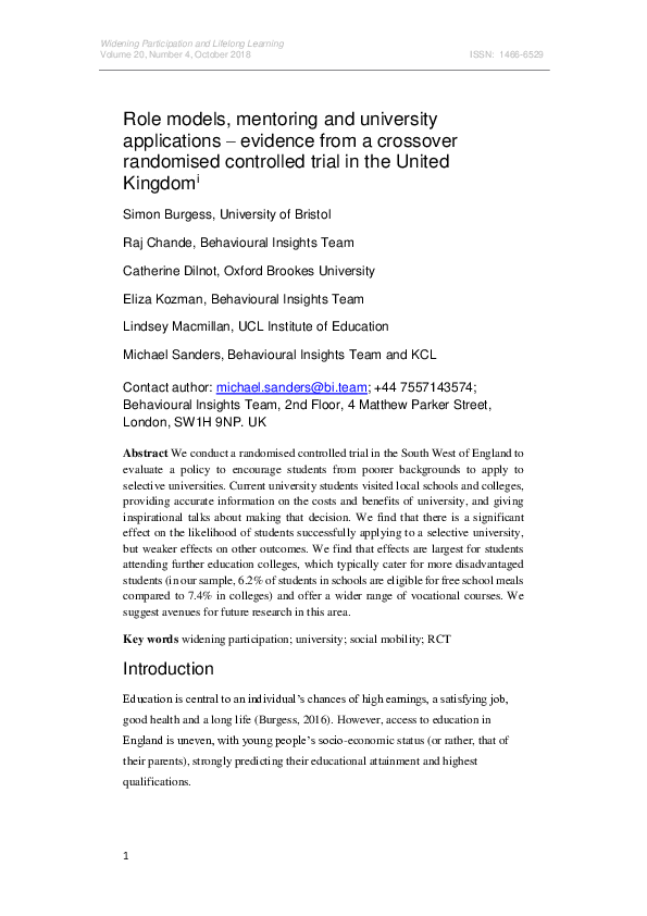 (PDF) Role models, mentoring and university applications - evidence ...