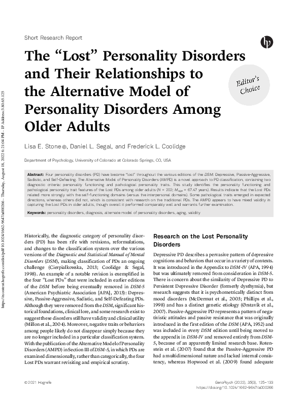 (PDF) The “Lost” Personality Disorders and Their Relationships to the ...
