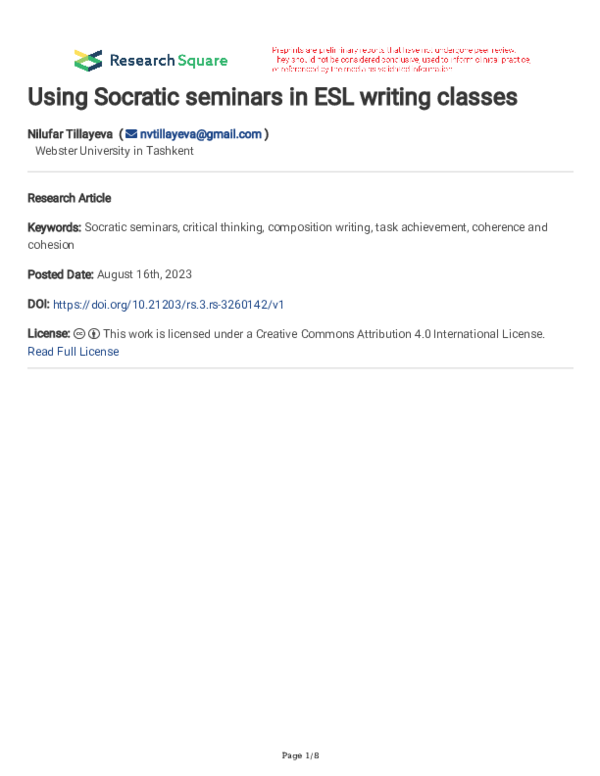 (PDF) Using Socratic seminars in ESL writing classes