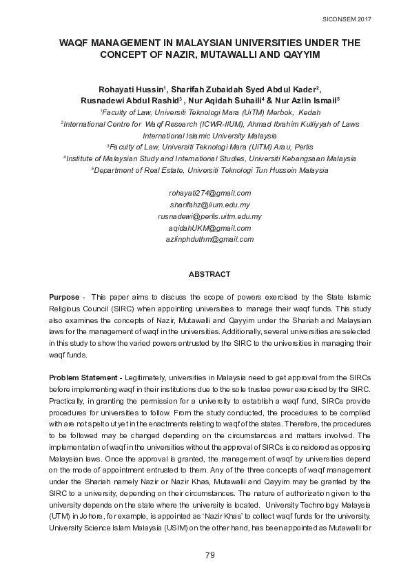 (PDF) Waqf management in Malaysia universities under the concept of Nazir, Mutawalli and Qayyim