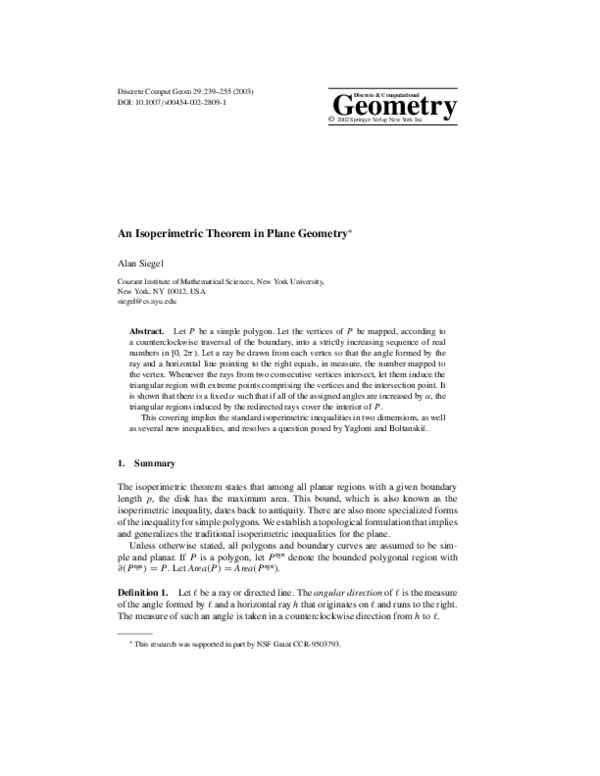 (PDF) An Isoperimetric Theorem in Plane Geometry