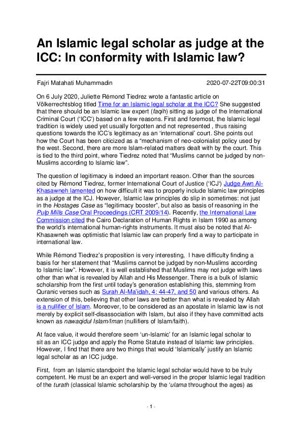 (PDF) An Islamic legal scholar as judge at the ICC: In conformity with ...