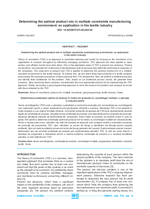 (PDF) Determining the optimal product mix in multiple constraints manufacturing environment: an ...