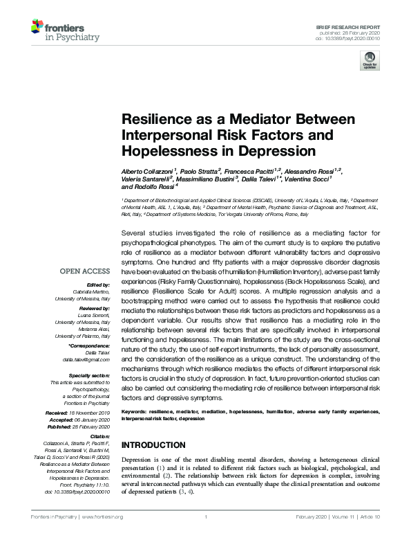 (PDF) Resilience as a Mediator Between Interpersonal Risk Factors and ...