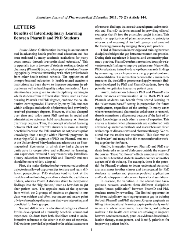 (PDF) Benefits of Interdisciplinary Learning Between PharmD and PhD Students | Eziaku Ogbonna ...