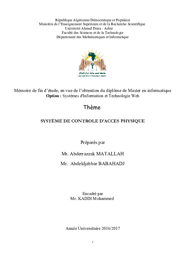 (PDF) Système De Controle D'Acces Physique
