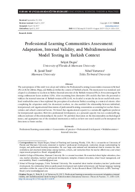 (PDF) Professional Learning Communities Assessment: Adaptation, Internal Validity, and ...