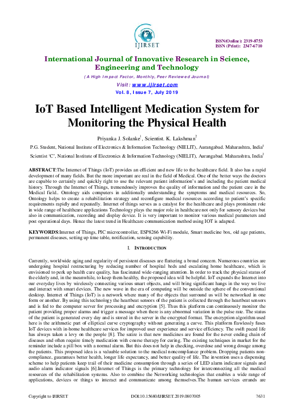 (PDF) IoT Based Intelligent Medication System for Monitoring the Physical Health