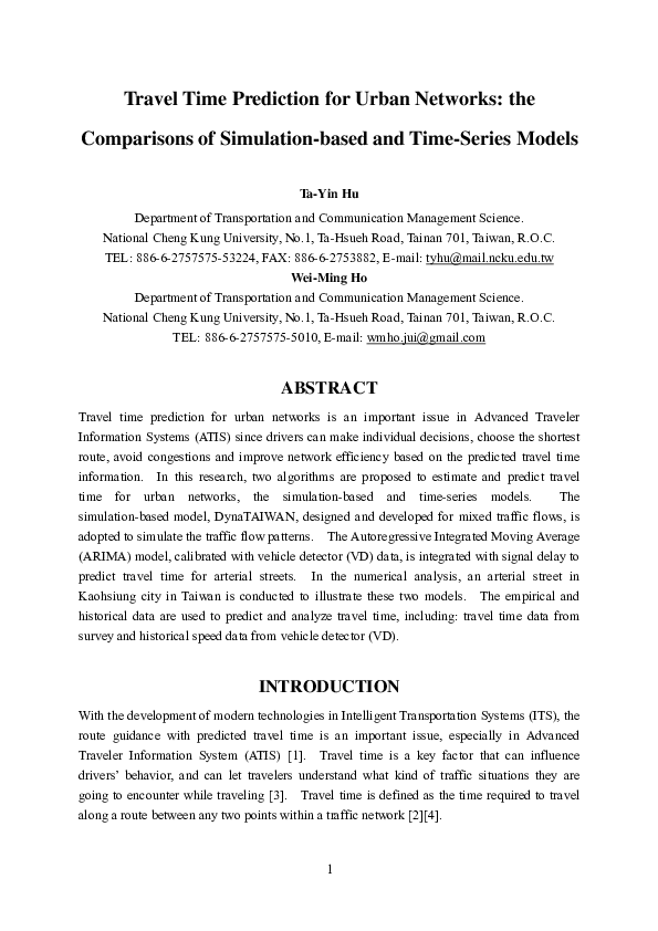(PDF) Travel Time Prediction for Urban Networks: the Comparisons of Simulation-based and Time ...