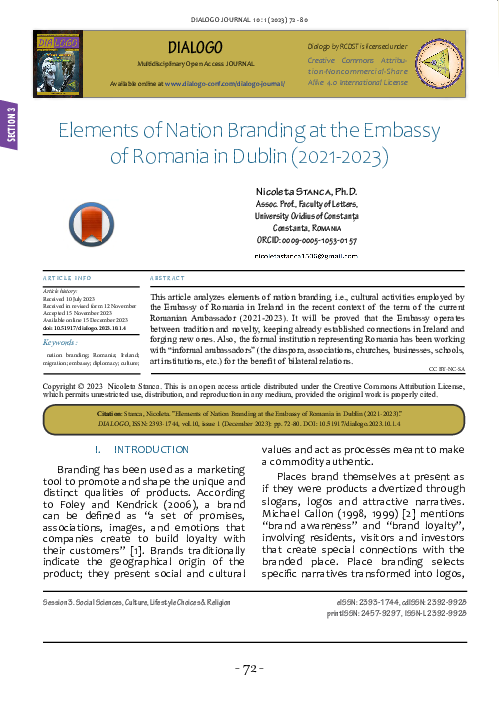 (PDF) Elements of Nation Branding at the Embassy of Romania in Dublin ...