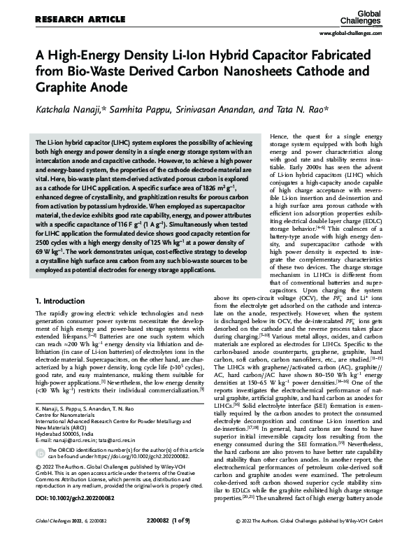 (PDF) A High‐Energy Density Li‐Ion Hybrid Capacitor Fabricated from Bio‐Waste Derived Carbon ...