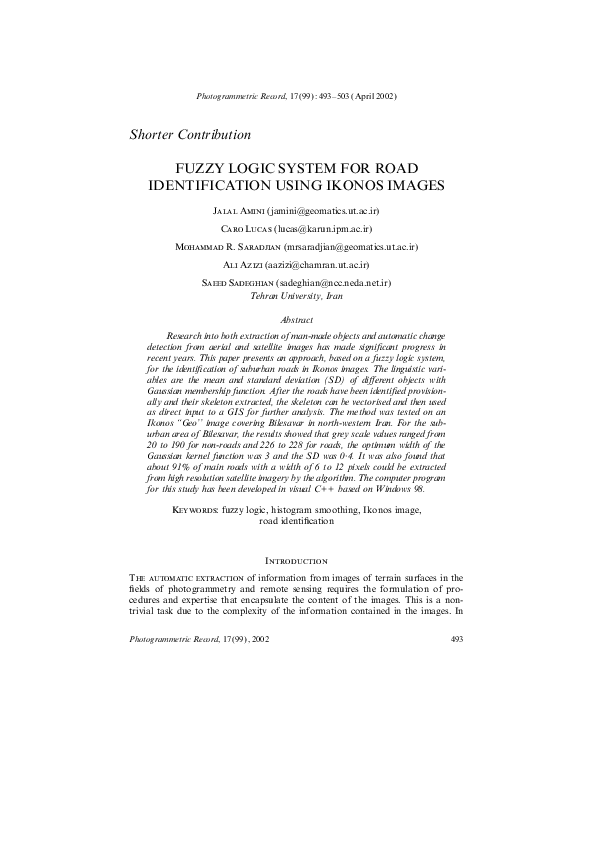 (PDF) Fuzzy Logic System for Road Identification Using Ikonos Images | M.R. Sarajian - Academia.edu