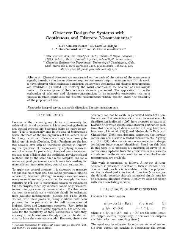 (PDF) Observer Design for Systems with Continuous and Discrete Measurements