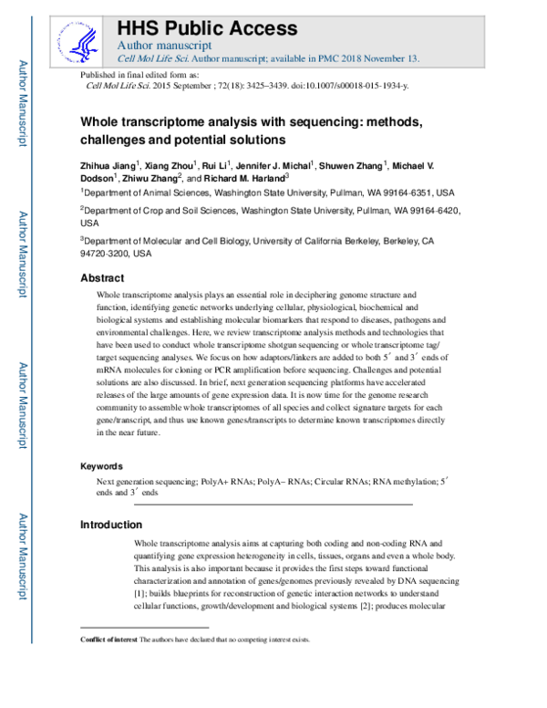 (PDF) Whole transcriptome analysis with sequencing: methods, challenges and potential solutions