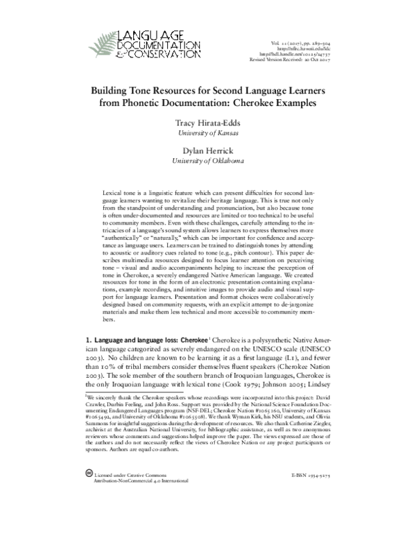 (PDF) Building Tone Resources for Second Language Learners from Phonetic Documentation: Cherokee ...