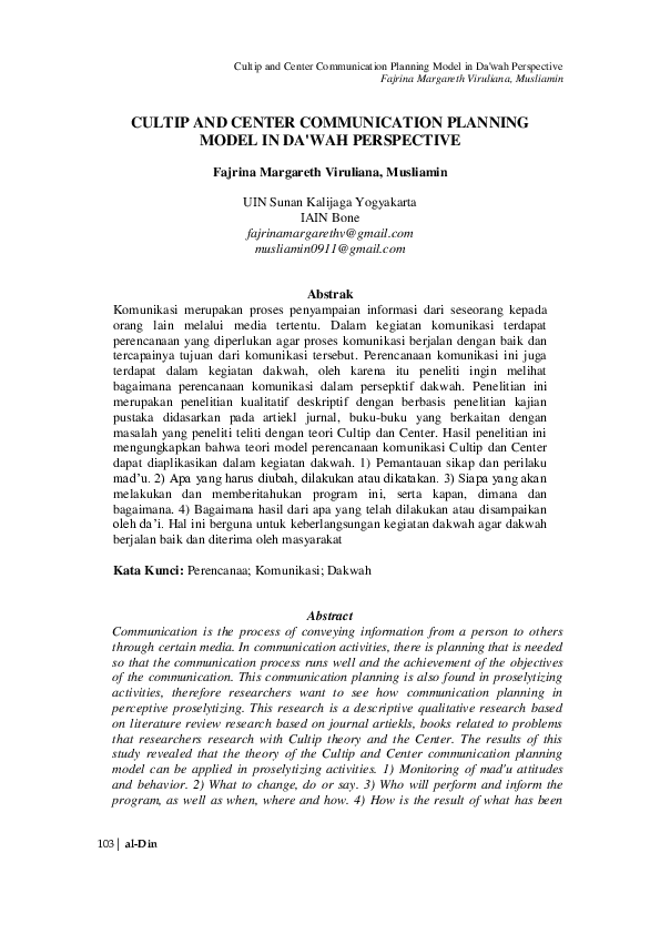 (PDF) Cultip and Center Communication Planning Model in Da'Wah Perspective