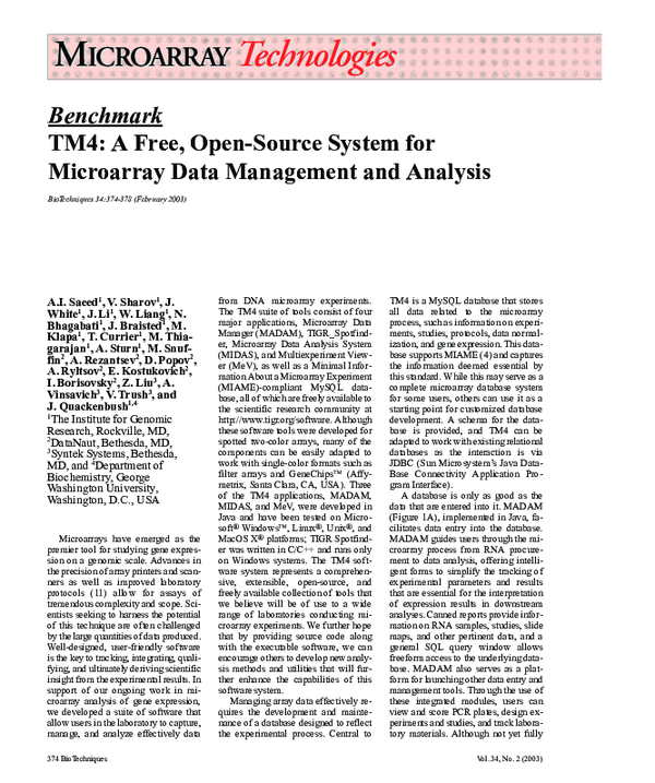 (PDF) TM4: A Free, Open-Source System for Microarray Data Management and Analysis