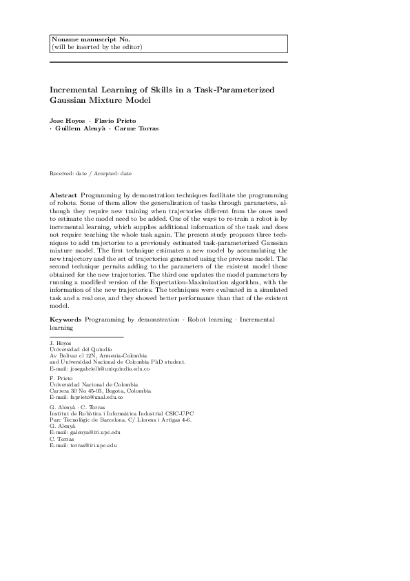 (PDF) Incremental Learning of Skills in a Task-Parameterized Gaussian Mixture Model