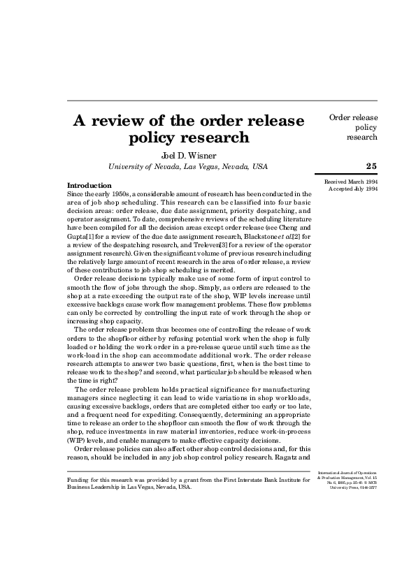 (PDF) A review of the order release policy research | Joel Wisner - Academia.edu