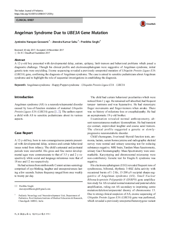 (PDF) Angelman Syndrome Due to UBE3A Gene Mutation