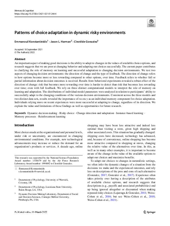 (PDF) Patterns of choice adaptation in dynamic risky environments