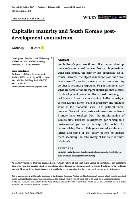 (PDF) Capitalist maturity and South Korea's post‐development conundrum