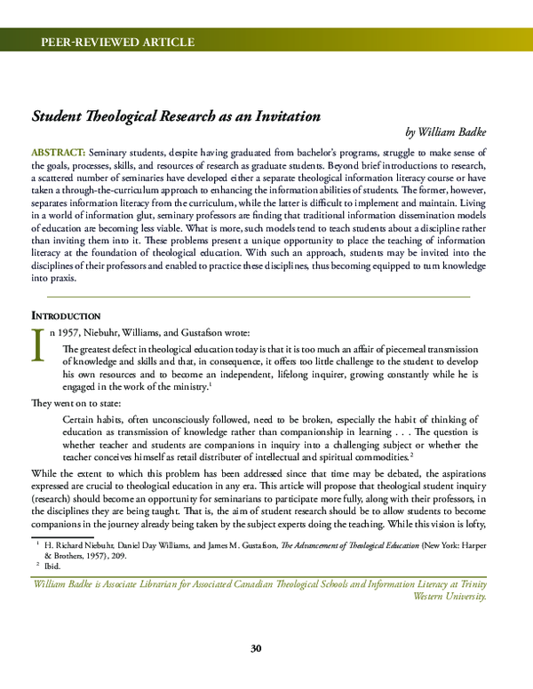 (PDF) Student Theological Research as an Invitation