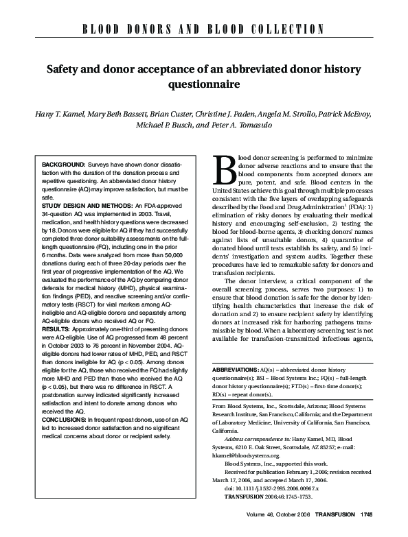 (PDF) Safety and donor acceptance of an abbreviated donor history ...