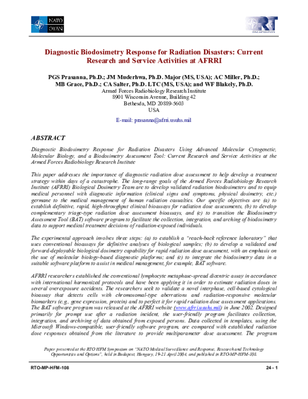 (PDF) Diagnostic biodosimetry response for radiation disasters: current ...