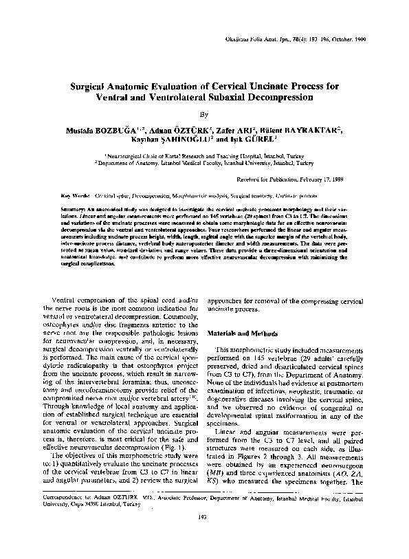 (PDF) Surgical Anatomic Evaluation of Cervical Uncinate Process for ...