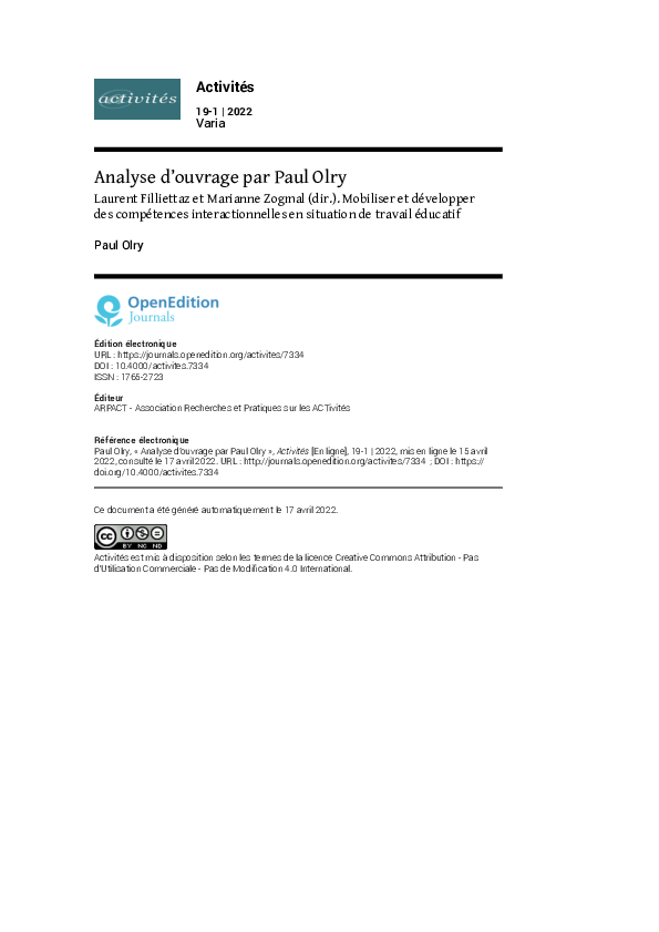 (PDF) Analyse d’ouvrage par Paul Olry