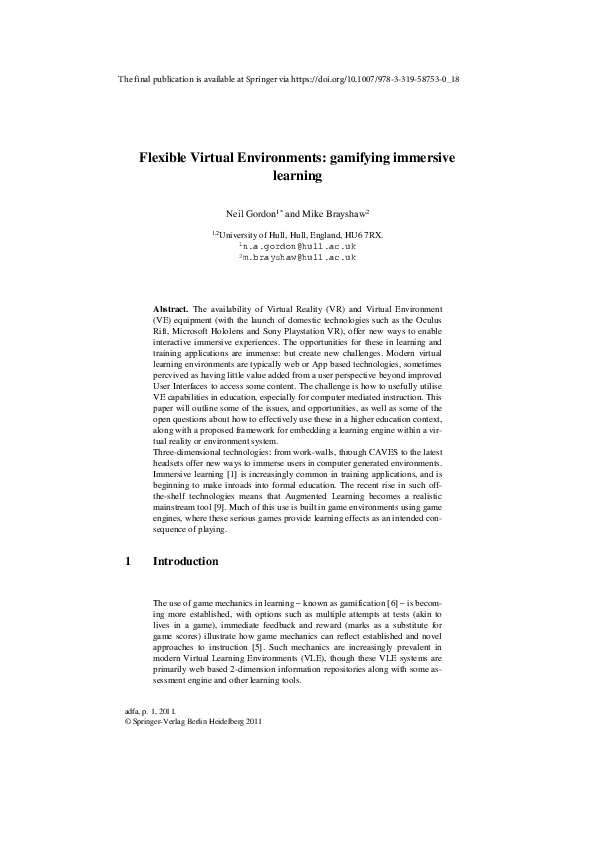 (PDF) Flexible Virtual Environments: Gamifying Immersive Learning