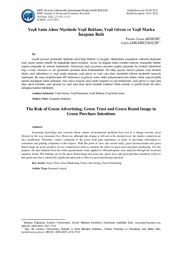 (PDF) Yeşil Satın Alma Niyetinde Yeşil Reklam, Yeşil Güven ve Yeşil ...