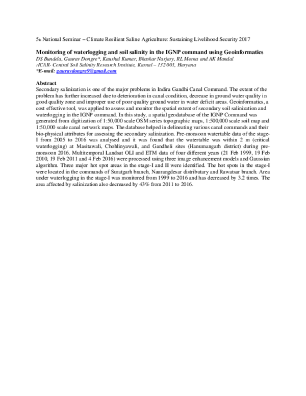 (PDF) Monitoring of waterlogging and soil salinity in the IGNP command ...